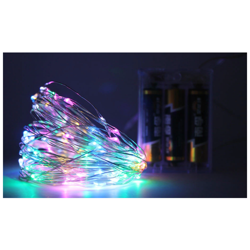 Светодиодная гирлянда 10м (100 ламп) на батарейках АА, нить, Разноцветный