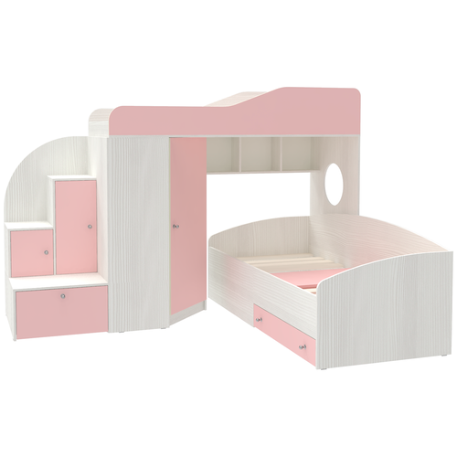 Кровать чердак Кадет 2 Белое Дерево - Розовый
