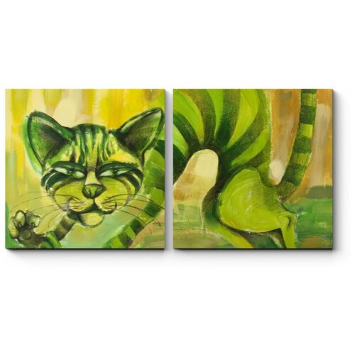 Модульная картина Зеленый полосатый кот 150x75