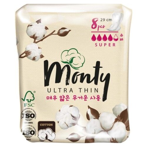 Monty прокладки Ultra Thin Super Plus, 4 капли, 8 шт., белый