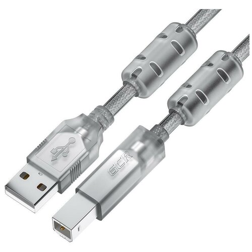 GCR Кабель PROF 5.0m USB 2.0, AM/BM, прозрачный, ферритовые кольца, 28/24 AWG, экран, армированный, морозостойкий