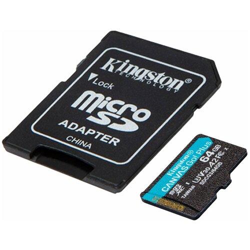 Карта памяти microSDXC UHS-I U3 Kingston Canvas Go! Plus 64 ГБ, 170 МБ/с, Class 10, SDCG3/64GB, 1 шт, переходник SD