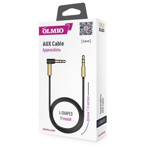 Аудиокабель OLMIO AUX 3.5(M)-3.5(M), 1.5м, угловой, черно-золотой (38766)