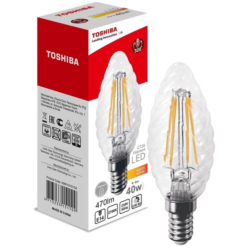 Лампочка Toshiba Лампа филаментная "Toshiba", теплый свет, цоколь E14, 4W, 2700K. 501315110A, Теплый белый свет, E14, 4 Вт, Светодиодная