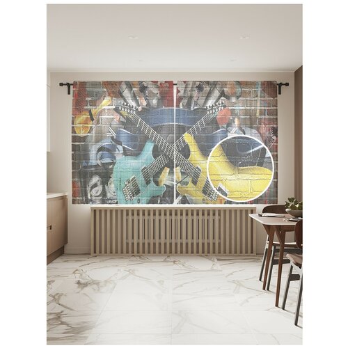 Тюль для кухни и спальни JoyArty "Музыкальное граффити", 2 полотна со шторной лентой шириной по 145 см, высота 180 см.