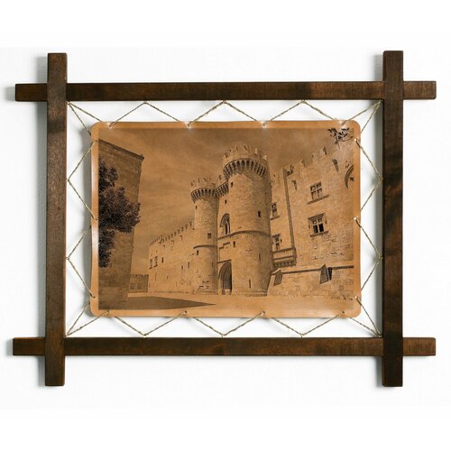 Картина Родосская крепость, Греция, гравировка на натуральной коже, интерьерная для украшения и декора на стену в деревянной раме, подарок, BoomGift