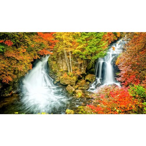 Картина на холсте 60x110 LinxOne "Скалы водопад япония осень пейзаж" интерьерная для дома / на стену / на кухню / с подрамником