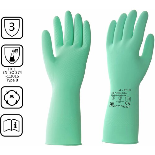 Перчатки латексные КЩС, прочные, хлопковое напыление, размер 9,5-10 XL, очень большой, зеленые, HQ Profiline, 73589