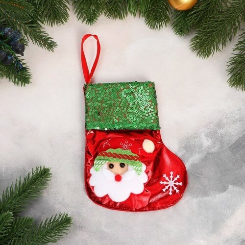 Носок для подарков "Дед Мороз блеск, снежинка" 13х16 см, красно-зелёный (2 шт)
