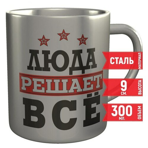 Кружка Люда решает всё - из стали, 9 см, 300 мл.