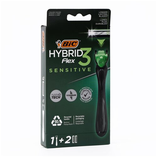 Бритвенный станок Bic Flex 3 Hybrid sensitive , сменные кассеты 2 шт