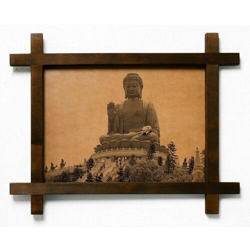 Картина Большой Будда, гравировка на натуральной коже, интерьерная для украшения и декора на стену в деревянной раме, подарок, BoomGift