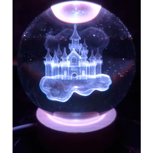 Ночник светильник 3D хрустальный шар 8см. Сказочный Замок в облаках/RGB разноцветный смена цветов/деревянное основание/питание USB/Без блока питания