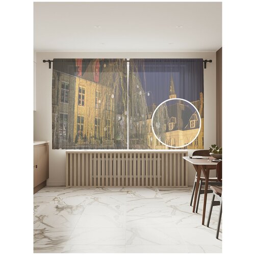 Тюль для кухни и спальни JoyArty "Речные дворы", 2 полотна со шторной лентой, 145x180 см.