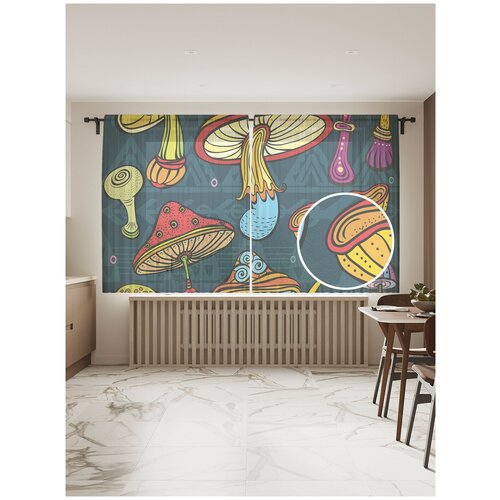 Тюль для кухни и спальни JoyArty "Разные поганки", 2 полотна со шторной лентой шириной по 145 см, высота 180 см.