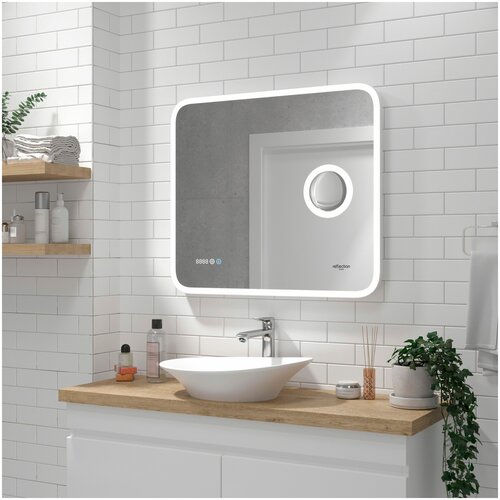 Зеркало для ванной с LED подсветкой, сернсором, увеличительным зеркалом и часами Reflection Point 800х700 RF4513PT