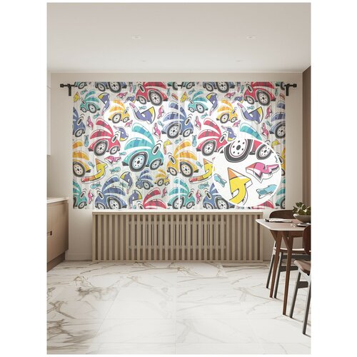 Тюль для кухни и спальни JoyArty "Детские машинки", 2 полотна со шторной лентой, 145x180 см.