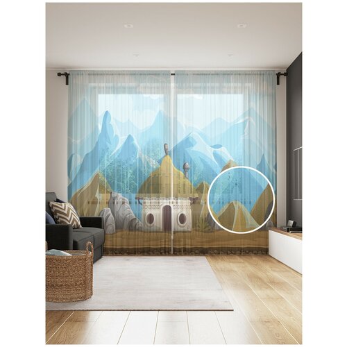 Тюль для кухни и спальни JoyArty "Домик в горах", 2 полотна со шторной лентой шириной по 145 см, высота 265 см.