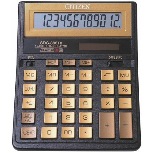 Калькулятор настольный CITIZEN SDC-888TIIGE (203х158 мм), 12 разрядов, двойное питание, золотой, 250379