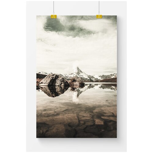 Постер на стену для интерьера Postermarkt Снежная гора в отражении озера, размер 70х100 см, постеры картины для интерьера в тубусе