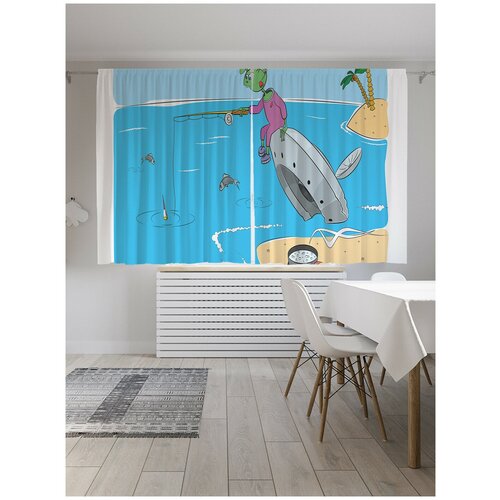 Фотошторы для кухни и спальни JoyArty "Монстр-рыбалка в море", 2 полотна со шторной лентой шириной по 145 см, высота 180 см