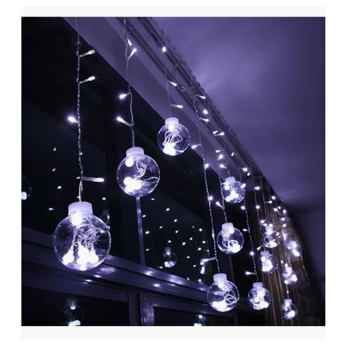 Новогодняя гирлянда светодиодная - Карниз/ бахрома "Шары", 10 LED, белая, 3 метра, 1 режим