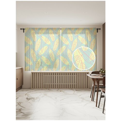 Тюль для кухни и спальни JoyArty "Банановые листья", 2 полотна со шторной лентой, 145x180 см.