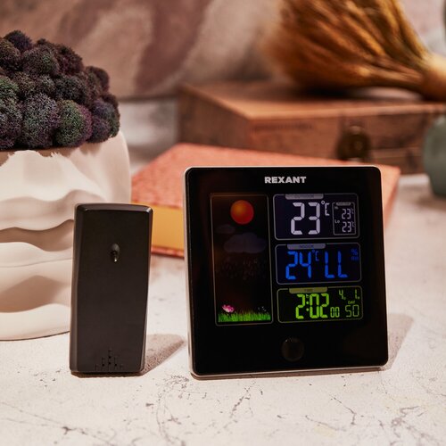 Метеостанция домашняя REXANT термометр с наружным датчиком и функциями: календаря, будильника, прогноза погоды и LED подсветкой