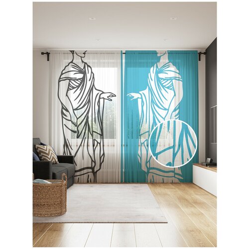 Тюль для кухни и спальни JoyArty "Две статуи", 2 полотна со шторной лентой шириной по 145 см, высота 265 см.