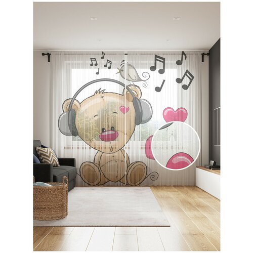 Тюль для кухни и спальни JoyArty "Музыкальный мишка", 2 полотна со шторной лентой шириной по 145 см, высота 265 см.