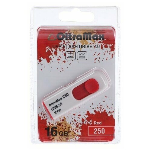 Флешка OltraMax 250, 16 Гб, USB2.0, чт до 15 Мб-с, зап до 8 Мб-с, красная
