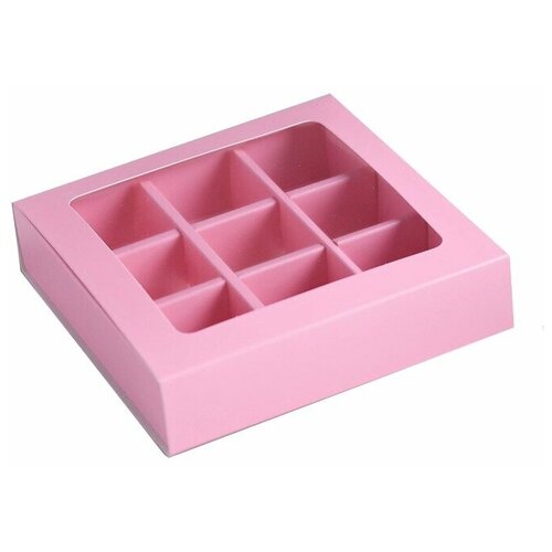 Упаковка для конфет 9 ячеек Розовая с окошком Рамка 14,5х3,5 см.