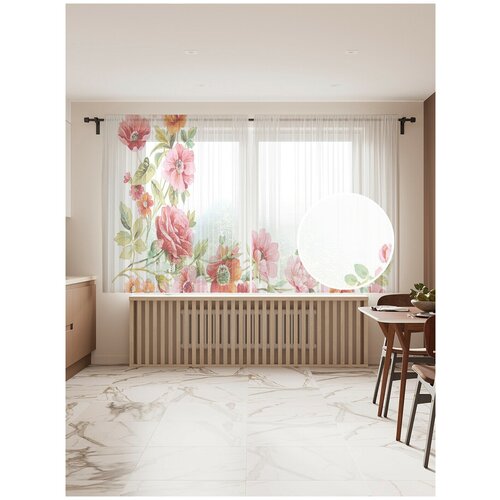 Тюль для кухни и спальни JoyArty "Цветочный уголок", 2 полотна со шторной лентой, 145x180 см.