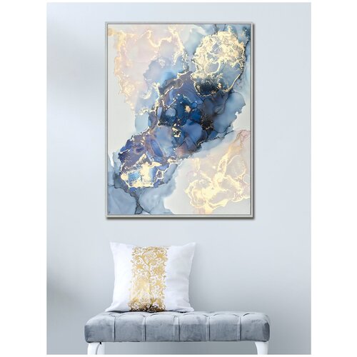Картина на стену для интерьера "Сине-золотая абстракция", 61х81 см, на бумажном холсте, постер в раме/Графис