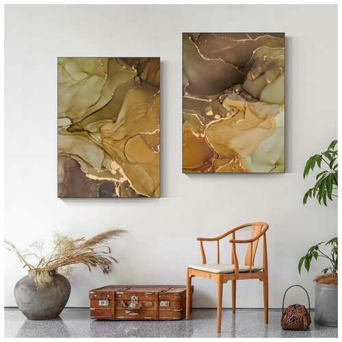Комплект настенных картин (2шт по 60х80см) в спальню/гостиную/зал "Фисташково-коричневый комплект", арт холст на подрамнике, общий размер 80х120 см