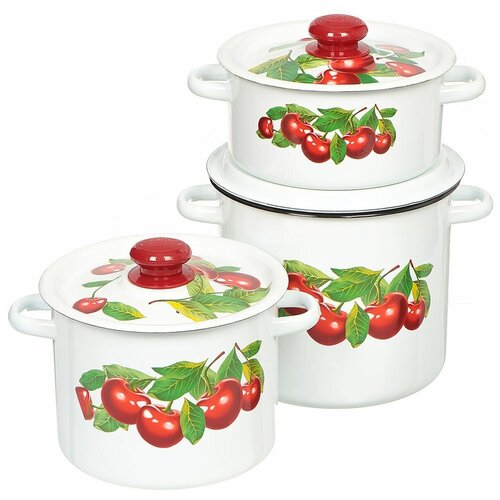Набор эмалированной посуды СтальЭмаль Вишневый сад 16 N16B55, (кастрюля 2+3.5+5.5 л), 6 предметов