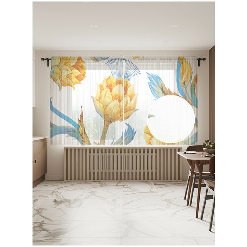 Тюль для кухни и спальни JoyArty "Цветение артишока", 2 полотна со шторной лентой шириной по 145 см, высота 180 см.