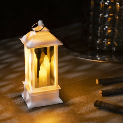 Светодиодная фигура «Белый фонарь со свечками» 5.5 × 13 × 5.5 см, пластик, батарейки AG13х3, свечение тёплое белое