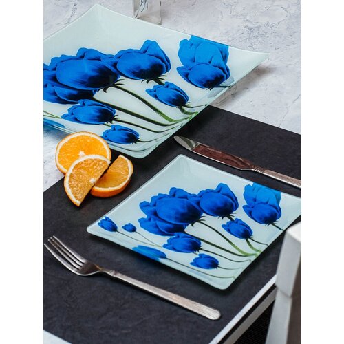 Набор тарелок квадратных 7 шт "Тюльпаны синие"