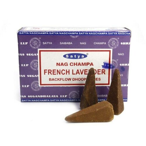 NAG CHAMPA FRENCH LAVENDER Backflow Dhoop Cones, Satya (НАГ чампа французская лаванда благовония пуля стелющийся дым, Сатья), уп. 10 конусов.
