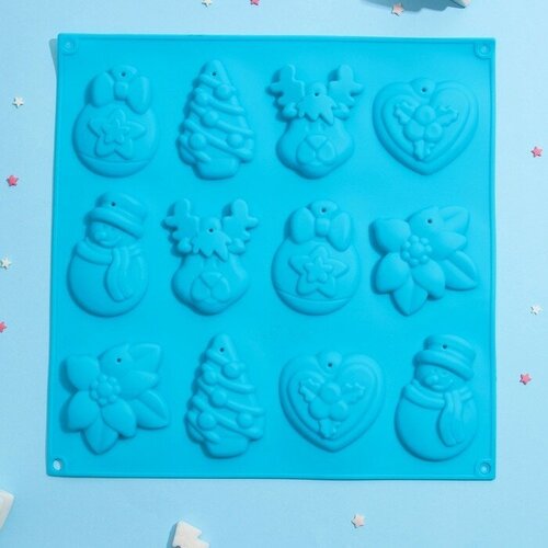 Форма для шоколада 3D Доляна «Ёлочные игрушки», 30×30 см, силикон, 12 ячеек, цвет синий