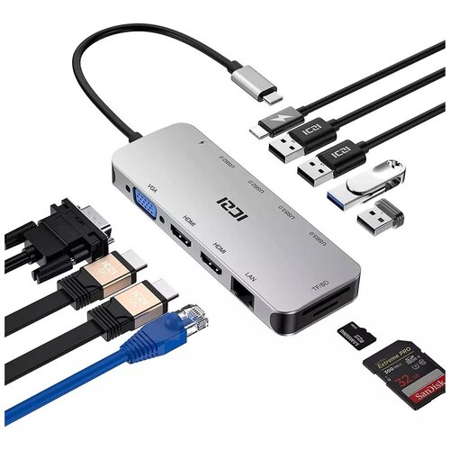 Хаб USB-концентратор ICZI 11 в 1 (PD+VGA+2хHDMI+ Ethernet+TF/SD+2xUSB3.0+2хUSB2.0) Multifunctional Type-C Gray