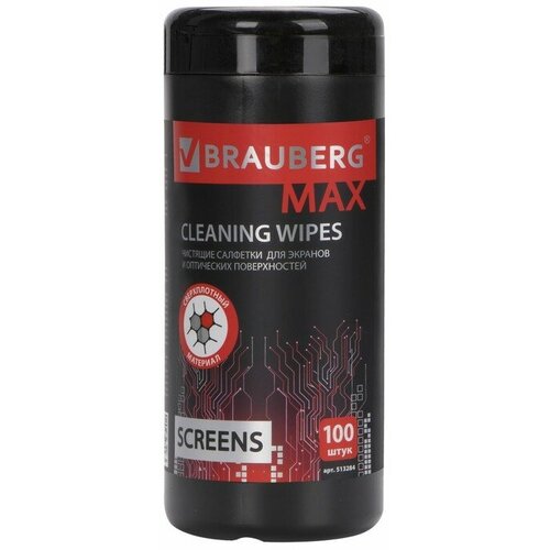 Салфетки чистящие д/экранов всех типов BRAU MAX, 13x17 см, 100 шт в тубе, плотн, влажн