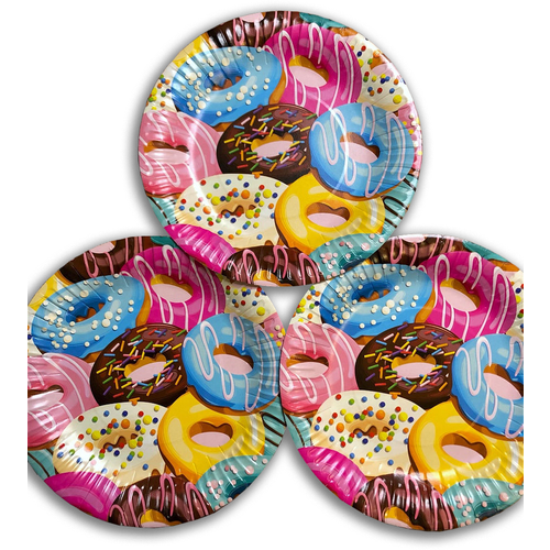 Тарелки бумажные одноразовые Riota для праздника и пикника Яркие пончики, 18 см, набор 6 шт