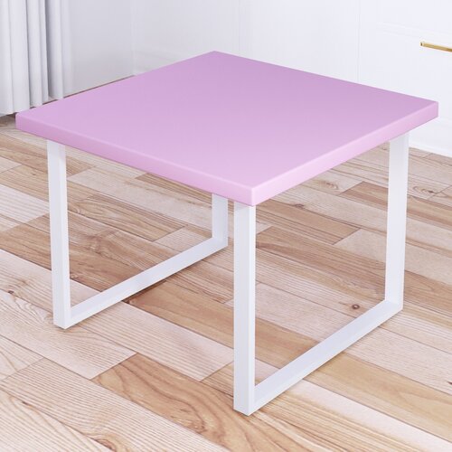 Стол журнальный Loft квадратный со столешницей розового цвета из массива сосны 40 мм и белыми металлическими ножками, 60x60х50 см