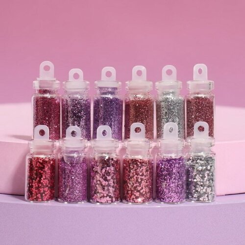 Блёстки для декора "Розовое настроение", крупные/мелкие, набор 12 бутылочек, разноцветные