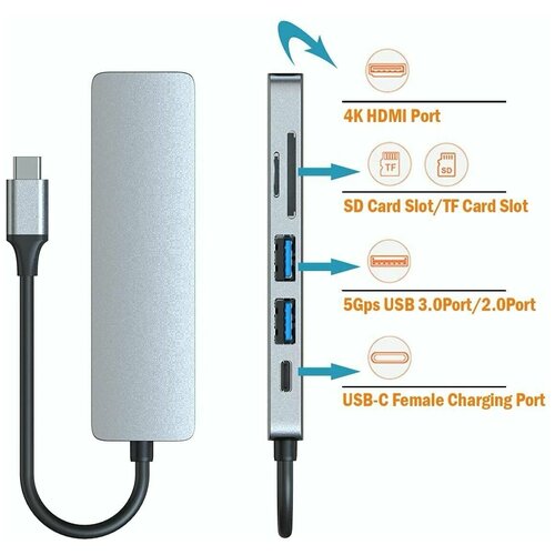 Адаптер/Хаб/Переходник/Концентратор USB-C HUB 6 в 1 с 2 х USB 3.0, HDMI 4K, PD Зарядка до 87W для MacBook Pro/Air