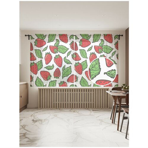 Тюль для кухни и спальни JoyArty "Клубничка", 2 полотна со шторной лентой, 145x180 см.