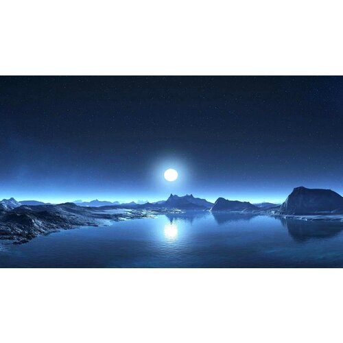 Картина на холсте 60x110 Альянс Лес "Луна небо вода берег горы" на подрамнике / интерьер/ декор