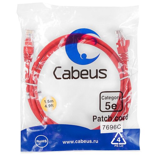 Патч-корд Cabeus PC-UTP-RJ45-Cat.5e-1.5m-RD Кат.5е 1.5 м красный